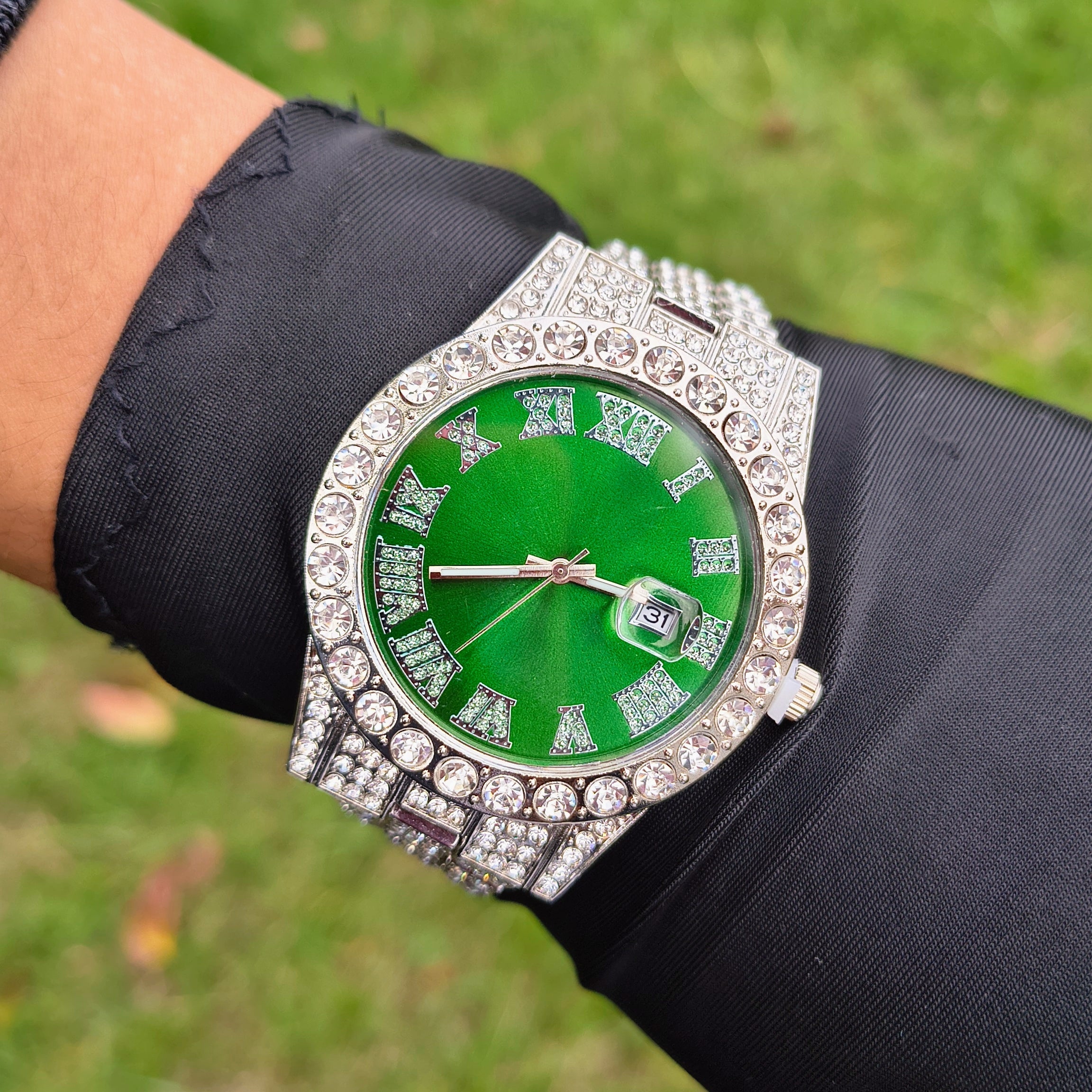 Reloj Cubano Plateado Verde – Golden Hour Colombia